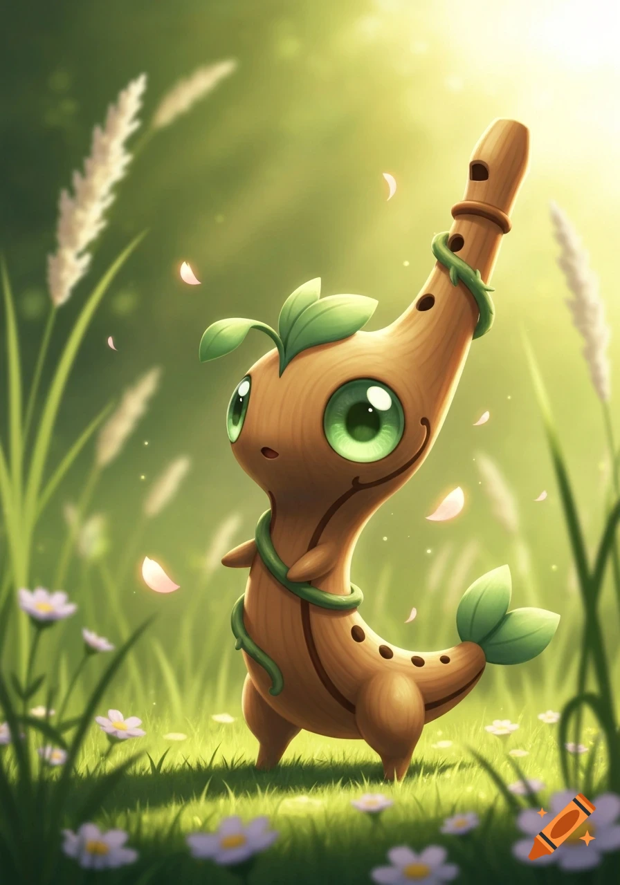 A cute, wood-textured, flute-like creature with large green eyes and ...