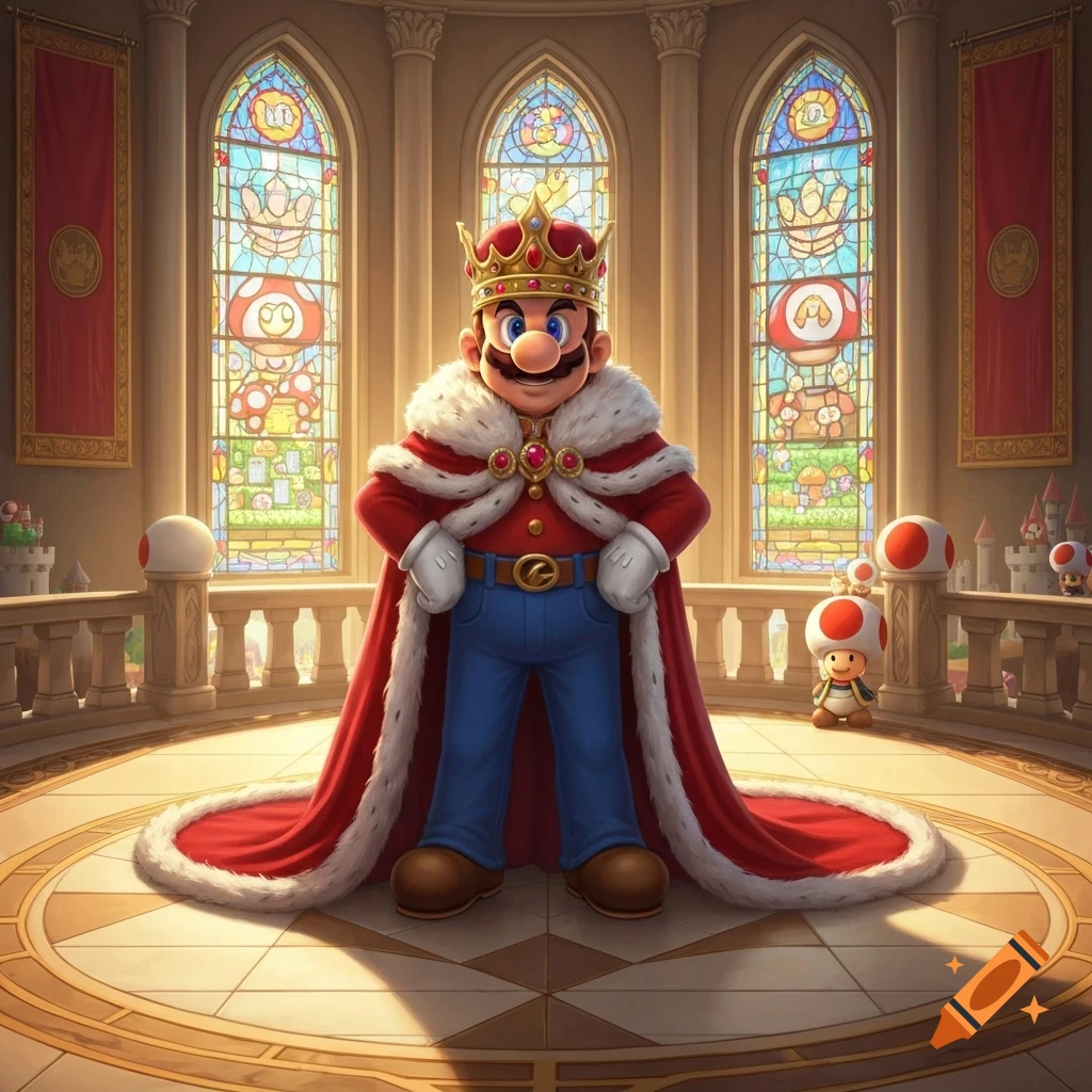 Mario, dressed as a king in a red and white fur-lined cape and gold ...
