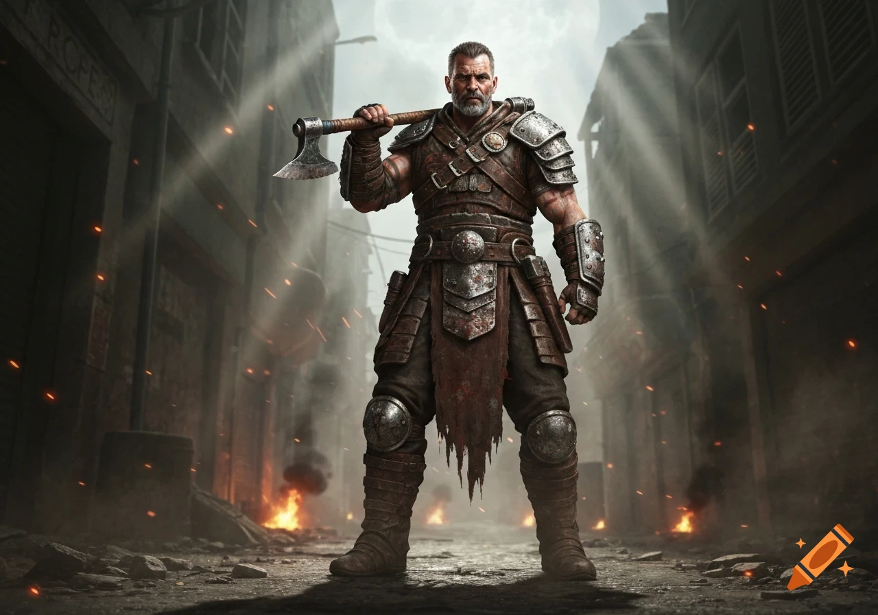 A photorealistic image of a heavily armored warrior holding an axe over ...