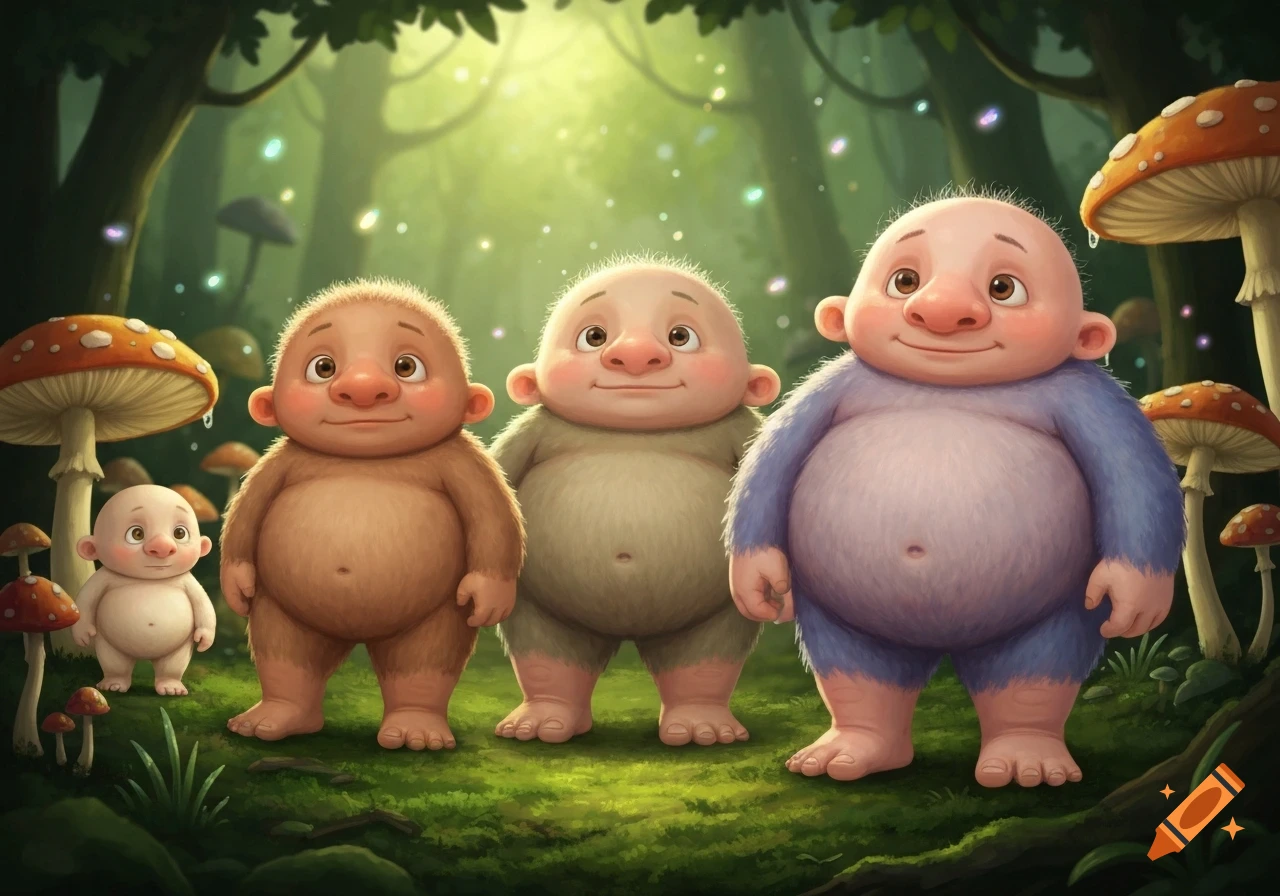 Four plump, bald, cartoonish ooga-beluga creatures with large noses ...