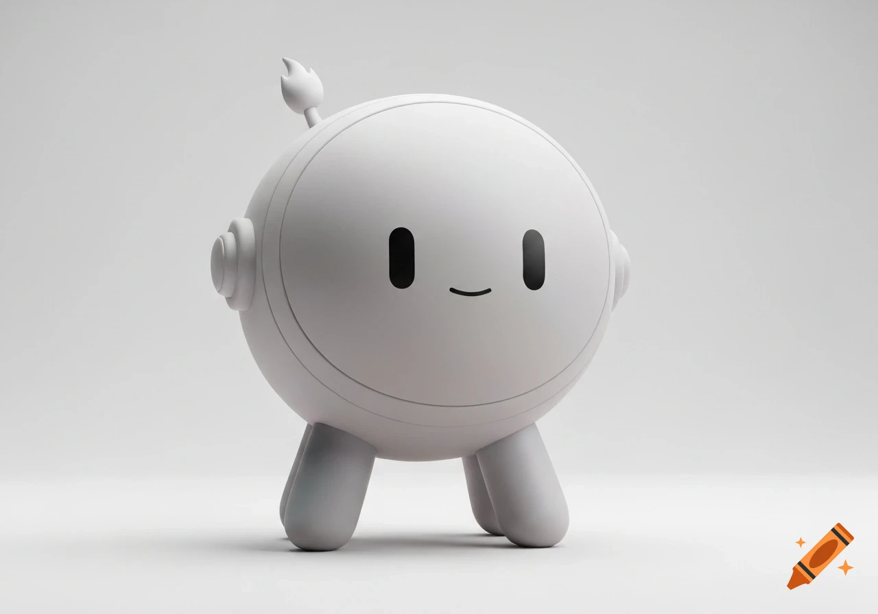 A cute, spherical white robot with black oval eyes, a simple smile ...
