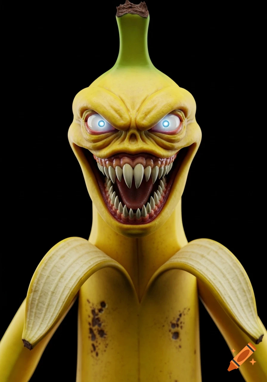 A terrifying banana monster with glowing blue eyes, sharp fangs, and ...