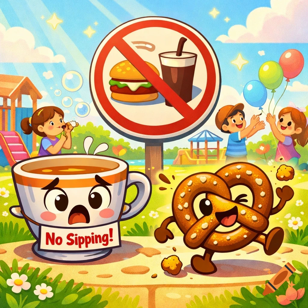 Bright cartoon of children playing in a park with a 'no food or drink ...