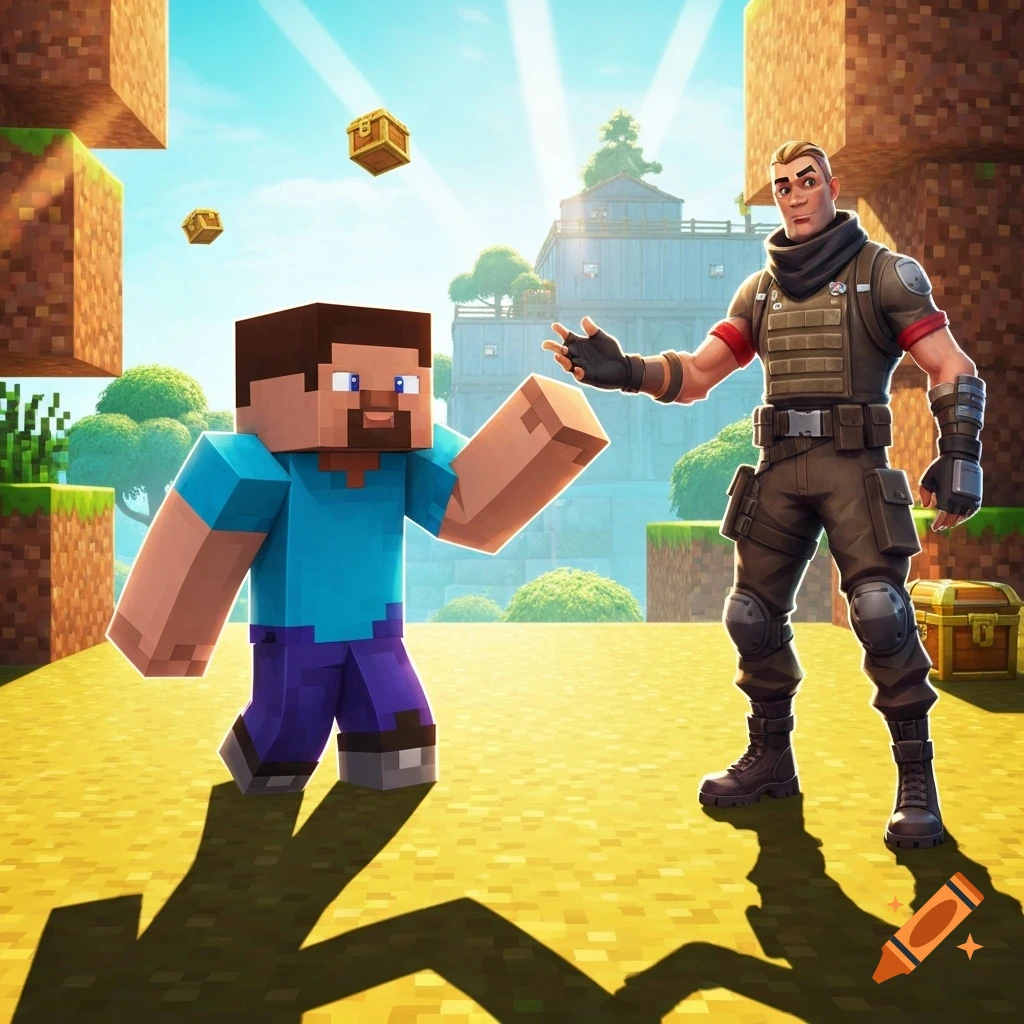 Steve from Minecraft and a Fortnite character stand together in a sunny ...