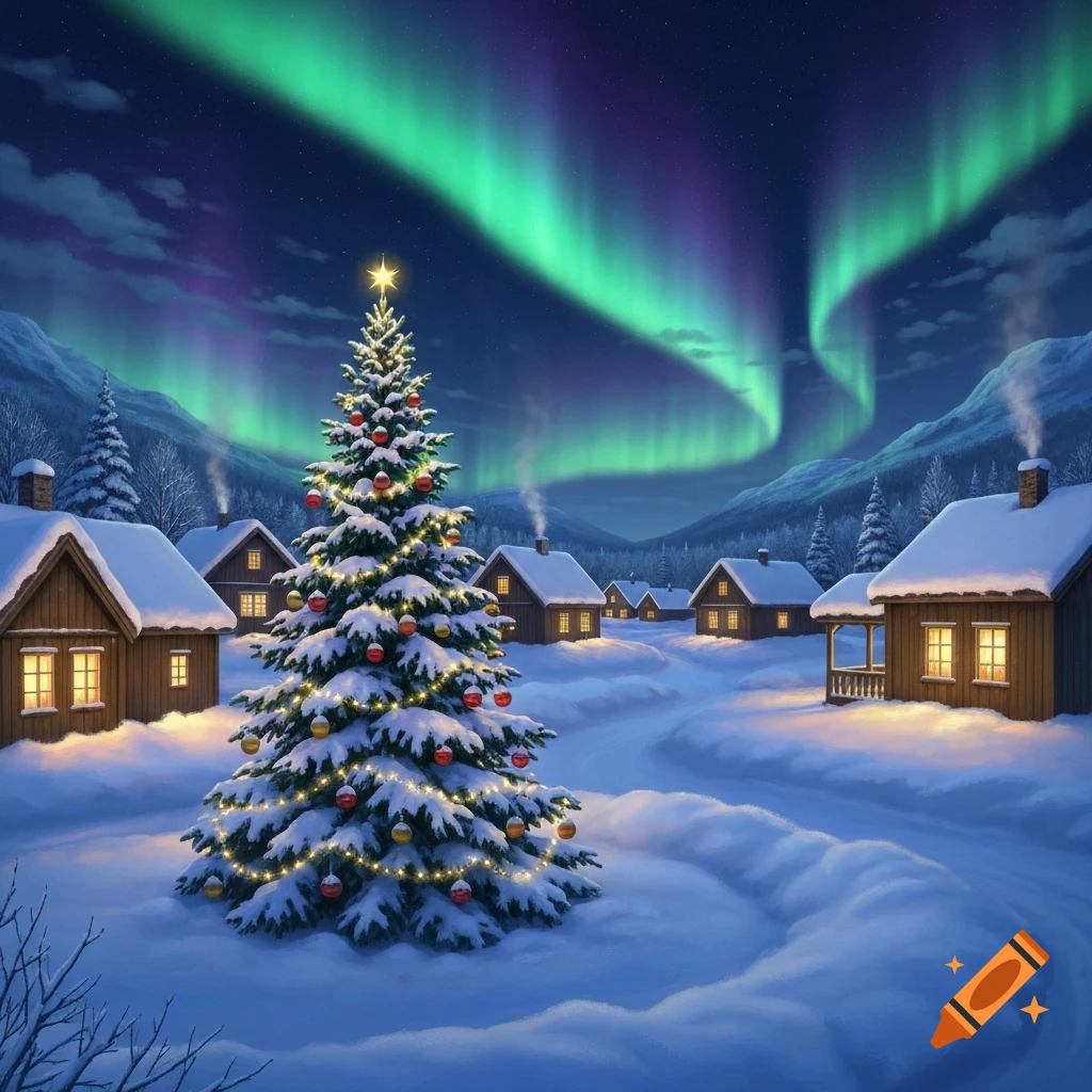 A snow-covered village at night with a large decorated Christmas tree ...