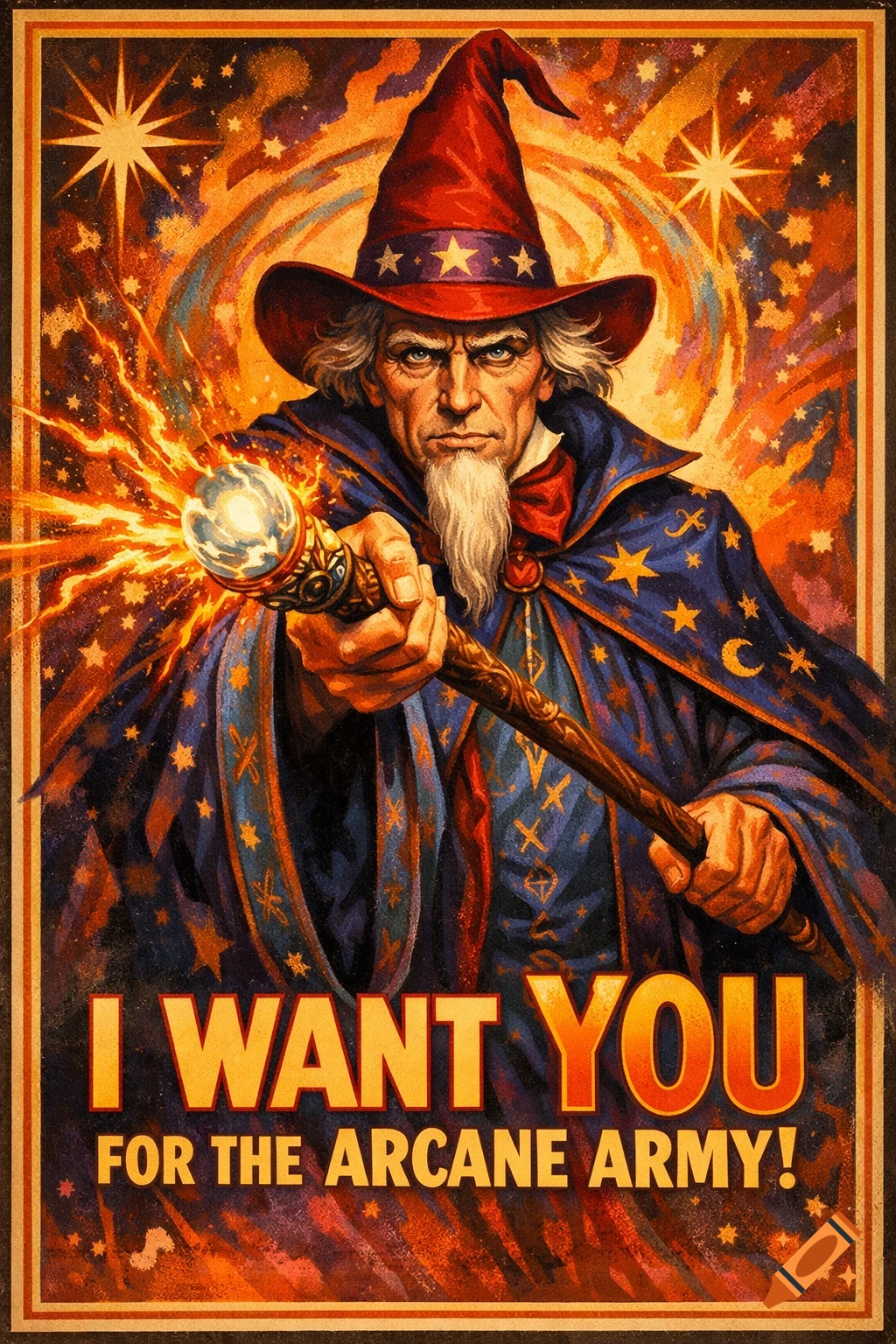 Uncle Sam wizard in a red hat and blue robe, pointing a glowing staff ...
