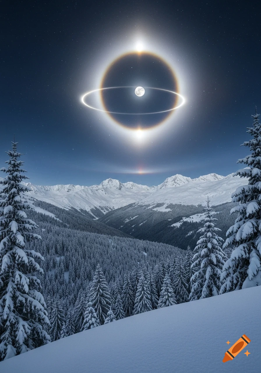 Photorealistic winter mountain landscape with snow-covered trees under ...