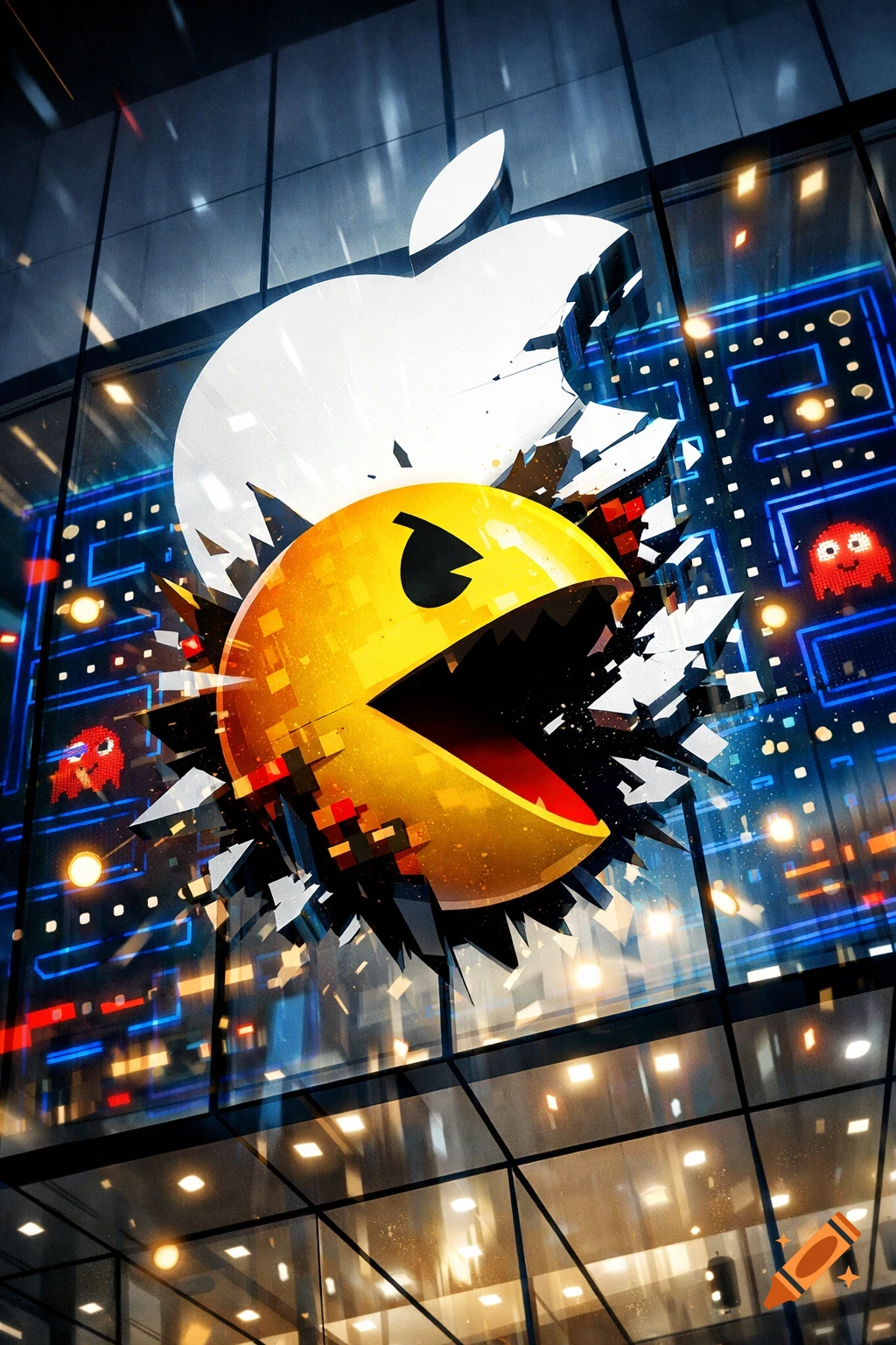 3D Pac-Man bursting through a shattered Apple logo on a modern glass ...