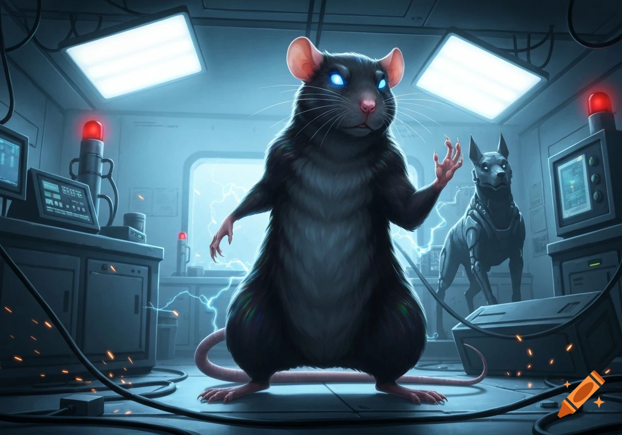 A large, dark, upright rat with glowing blue eyes and clawed hands ...