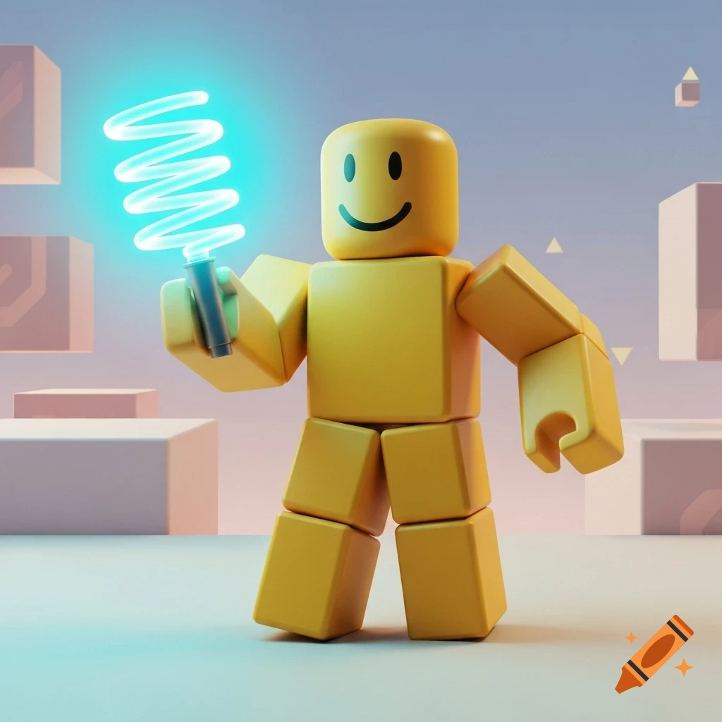 A 3D rendered Roblox Noob character stands holding a glowing blue ...