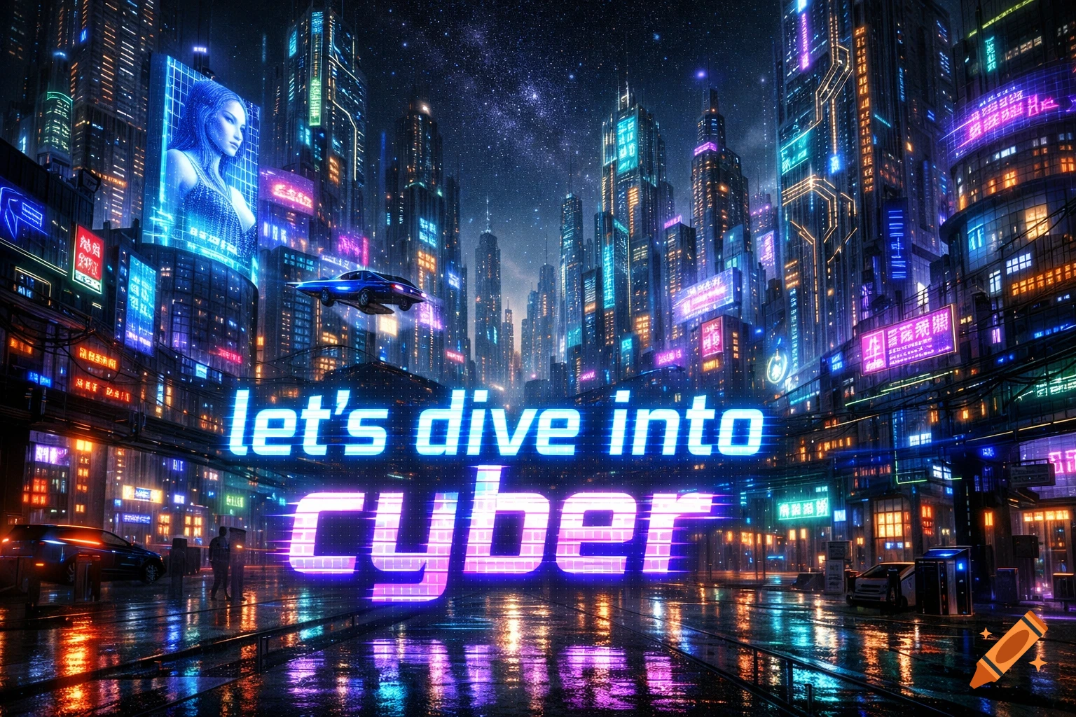 A neon-lit cyberpunk city at night with towering skyscrapers, a flying ...