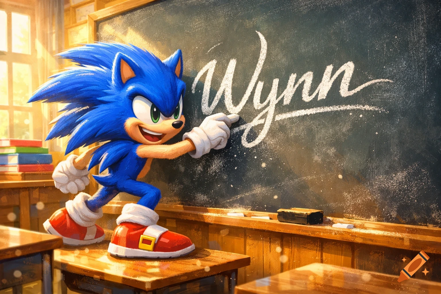Sonic the Hedgehog stands on a wooden desk in a sunlit classroom ...