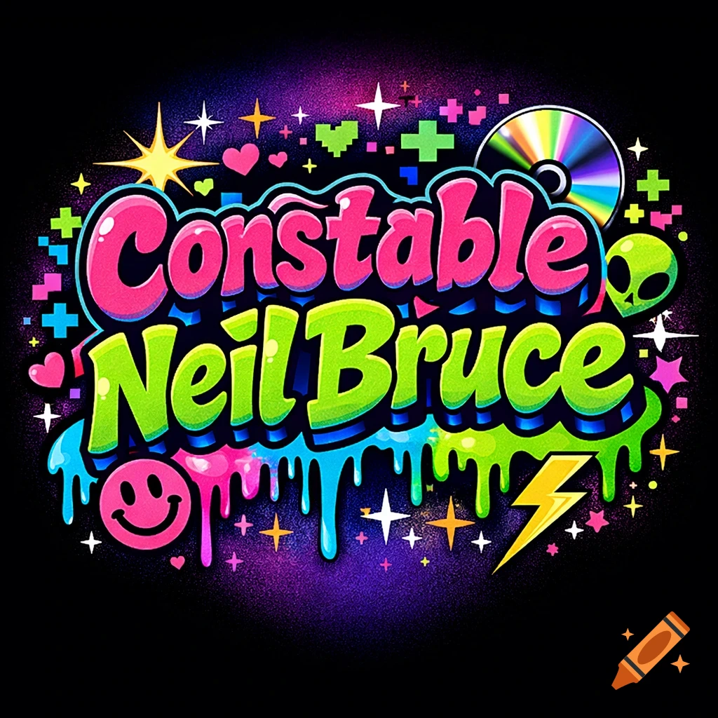 Vibrant 2000s-themed graffiti logo with 'Constable Neil Bruce' in pink ...