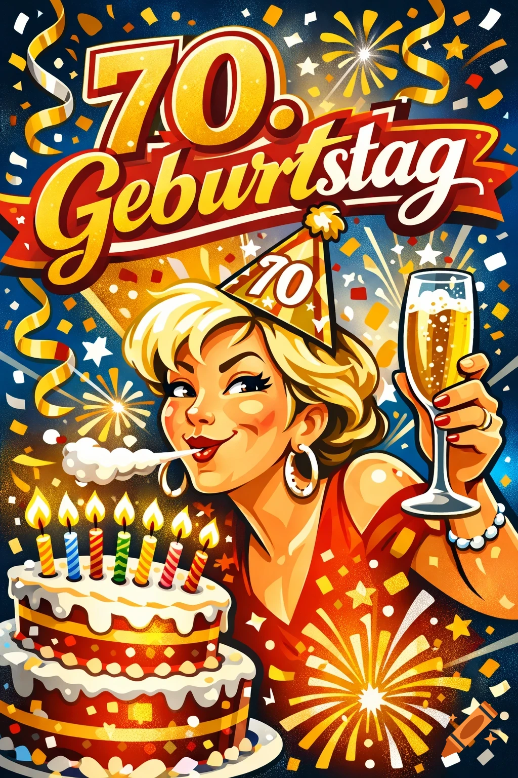 Vibrant illustration of a woman celebrating her 70th birthday, blowing ...