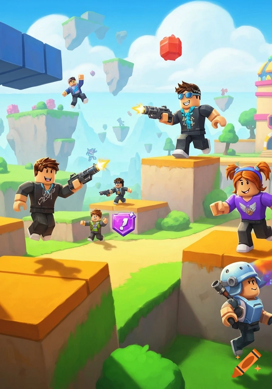 Roblox-style characters engage in combat on colorful floating islands ...