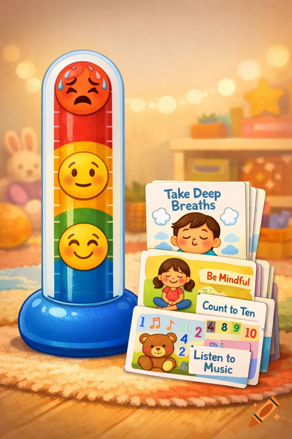 A colorful cartoon illustration of an emotional regulation thermometer ...