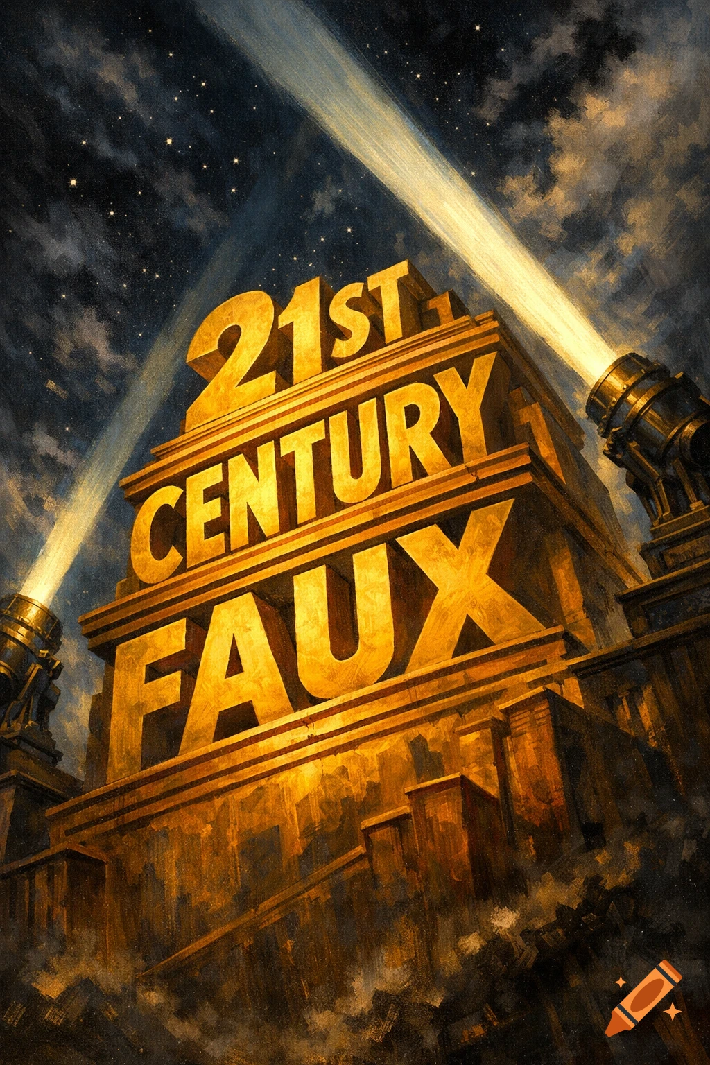 A painterly image of a golden building resembling a movie studio logo ...