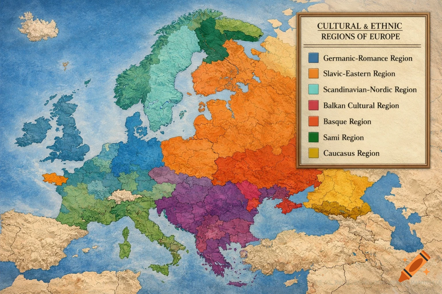 A detailed, color-coded map of Europe illustrating cultural and ethnic ...