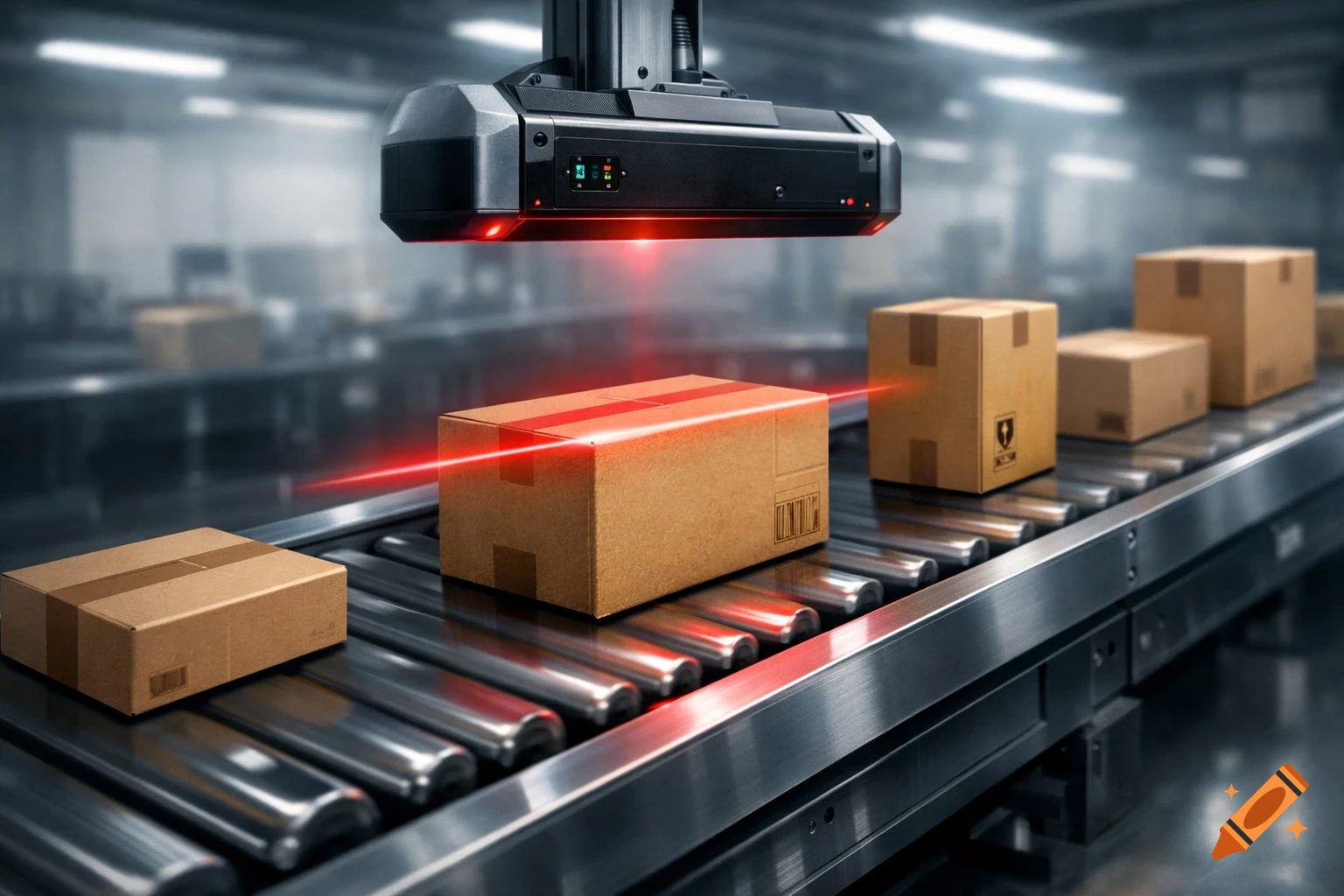 A close-up shot of a conveyor belt moving brown cardboard packages ...