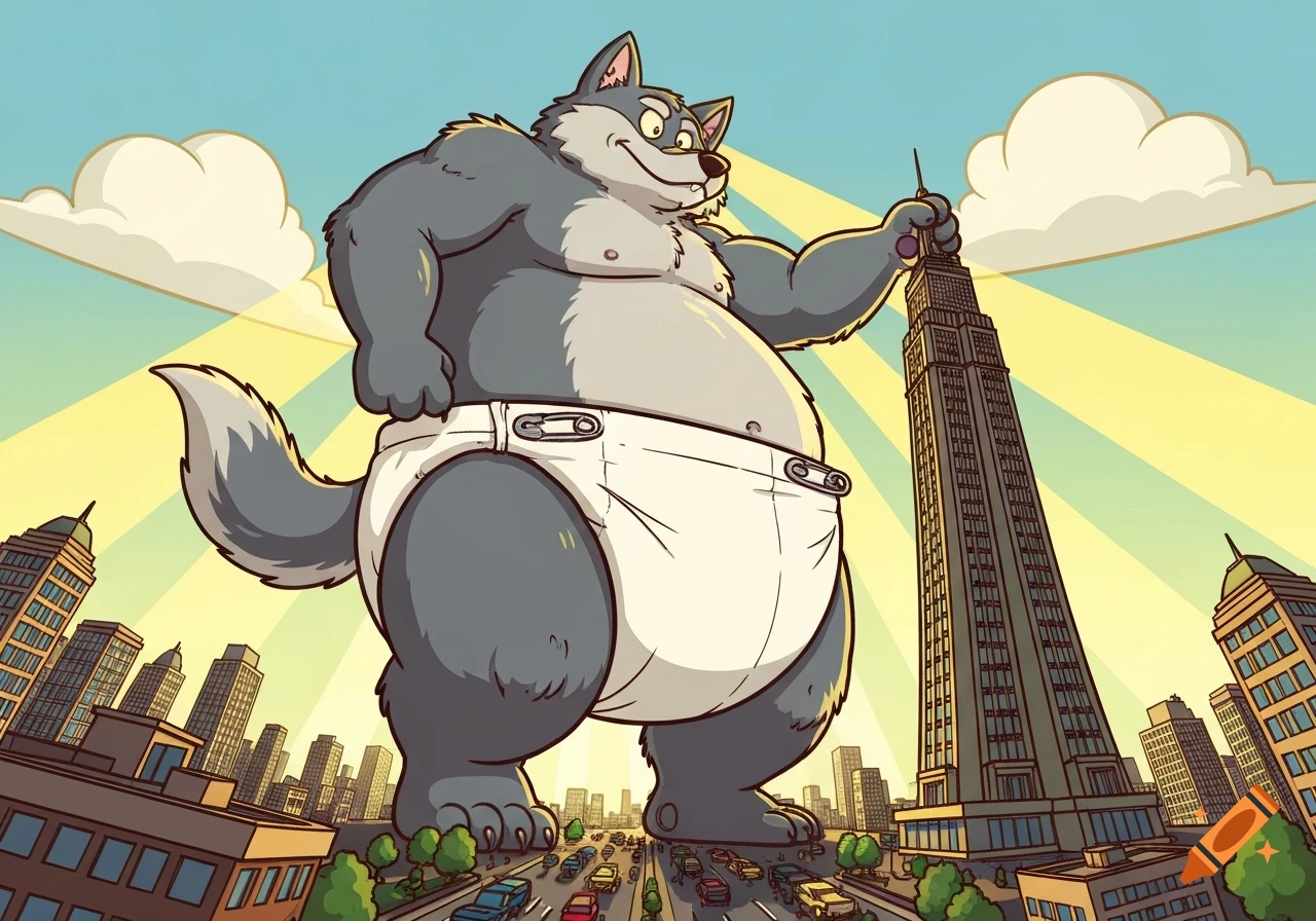 A giant cartoon wolf in a diaper stands over a city, holding the top of ...