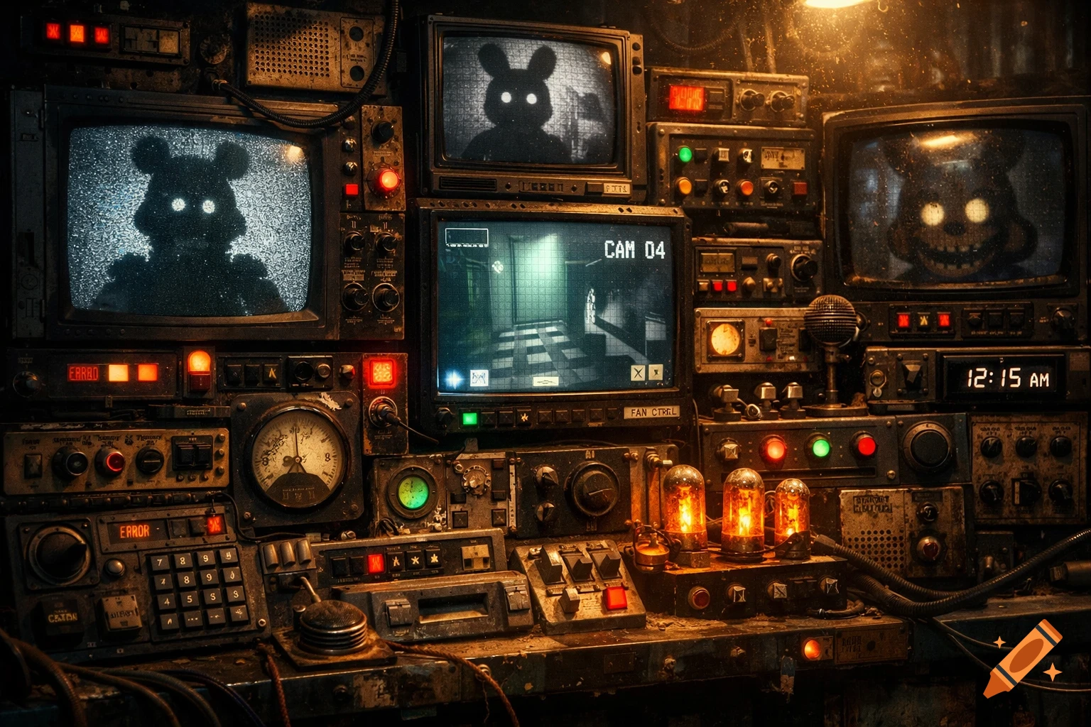 A cluttered, grungy control panel with multiple screens displaying ...