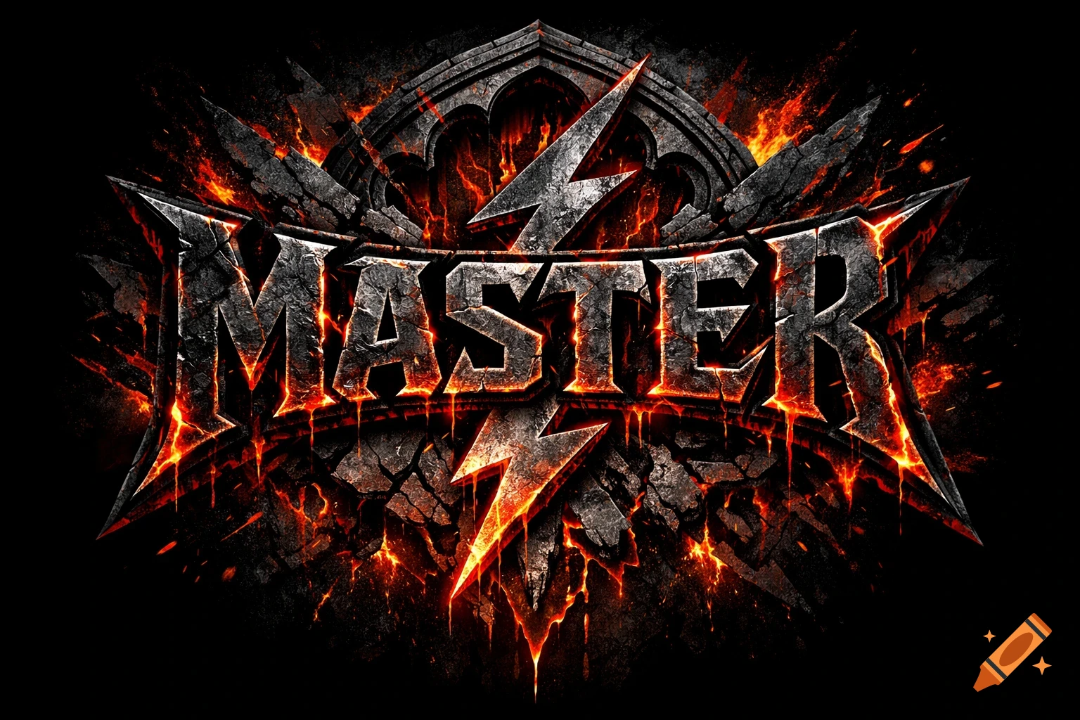 A fiery, cracked stone logo for a hard rock band named MASTER ...