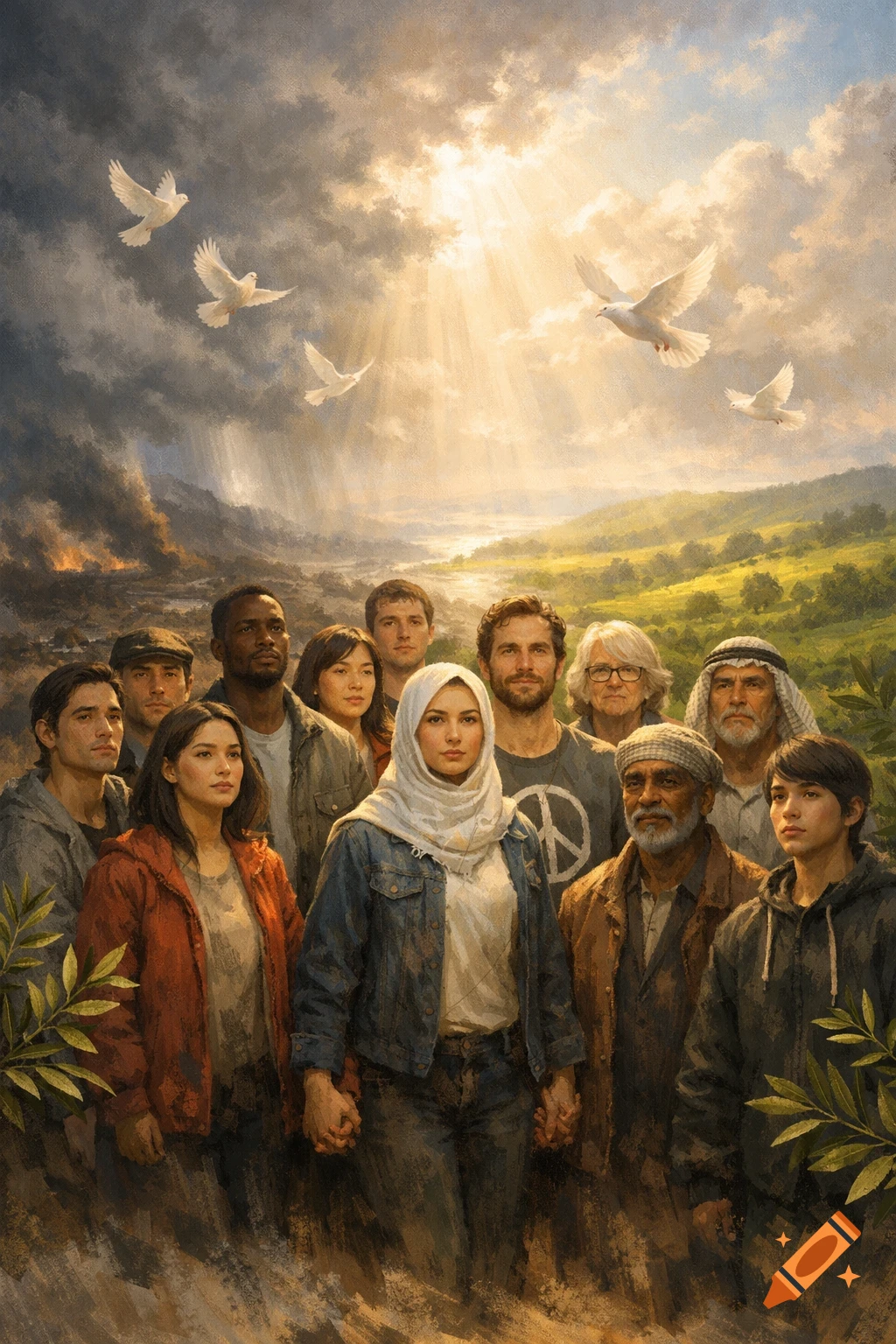 Diverse group of people, including a woman in a hijab, standing ...