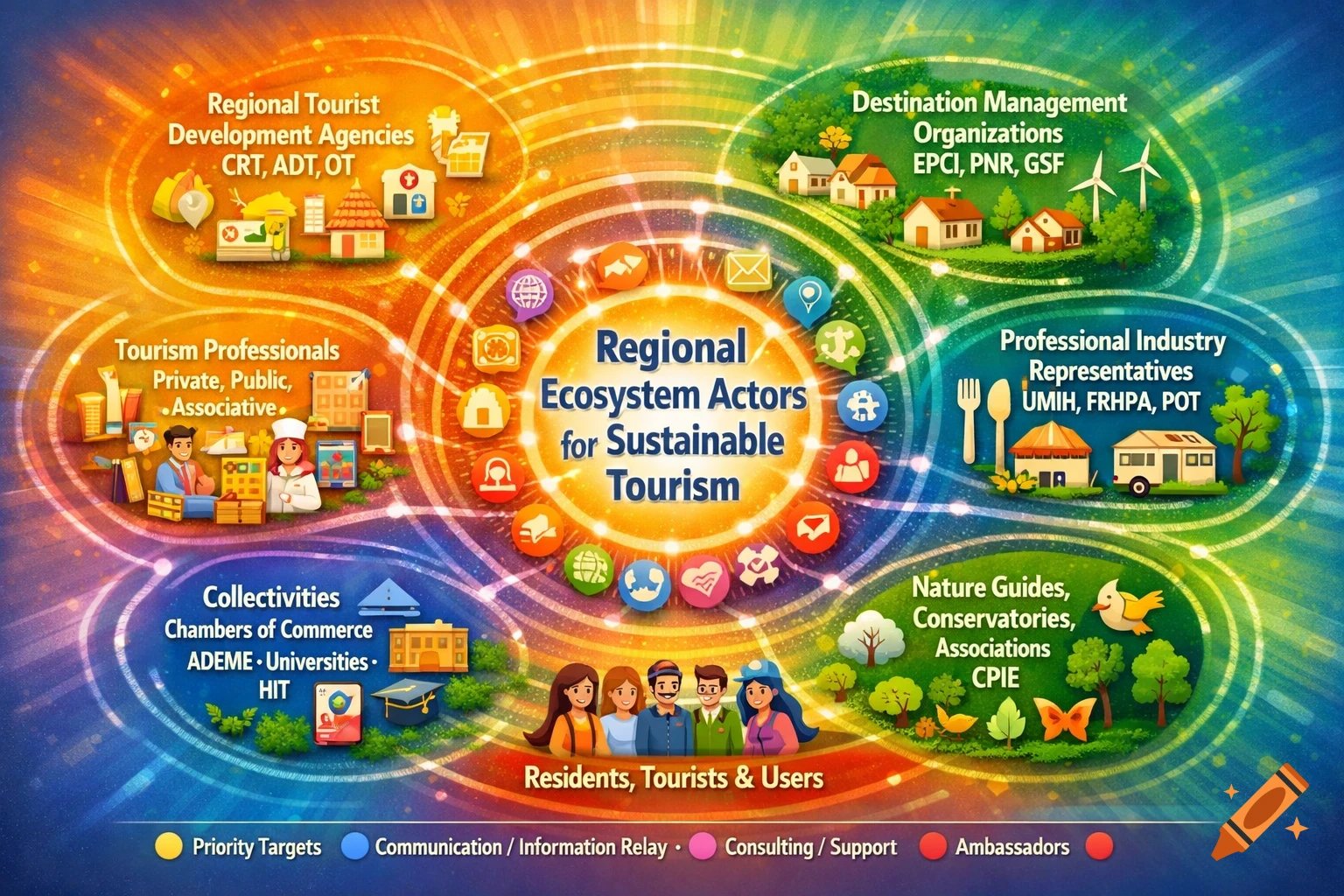 A colorful infographic illustrating the regional ecosystem actors for ...
