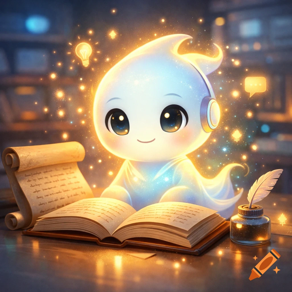 A glowing, cute, white ghost-like creature with large eyes and ...