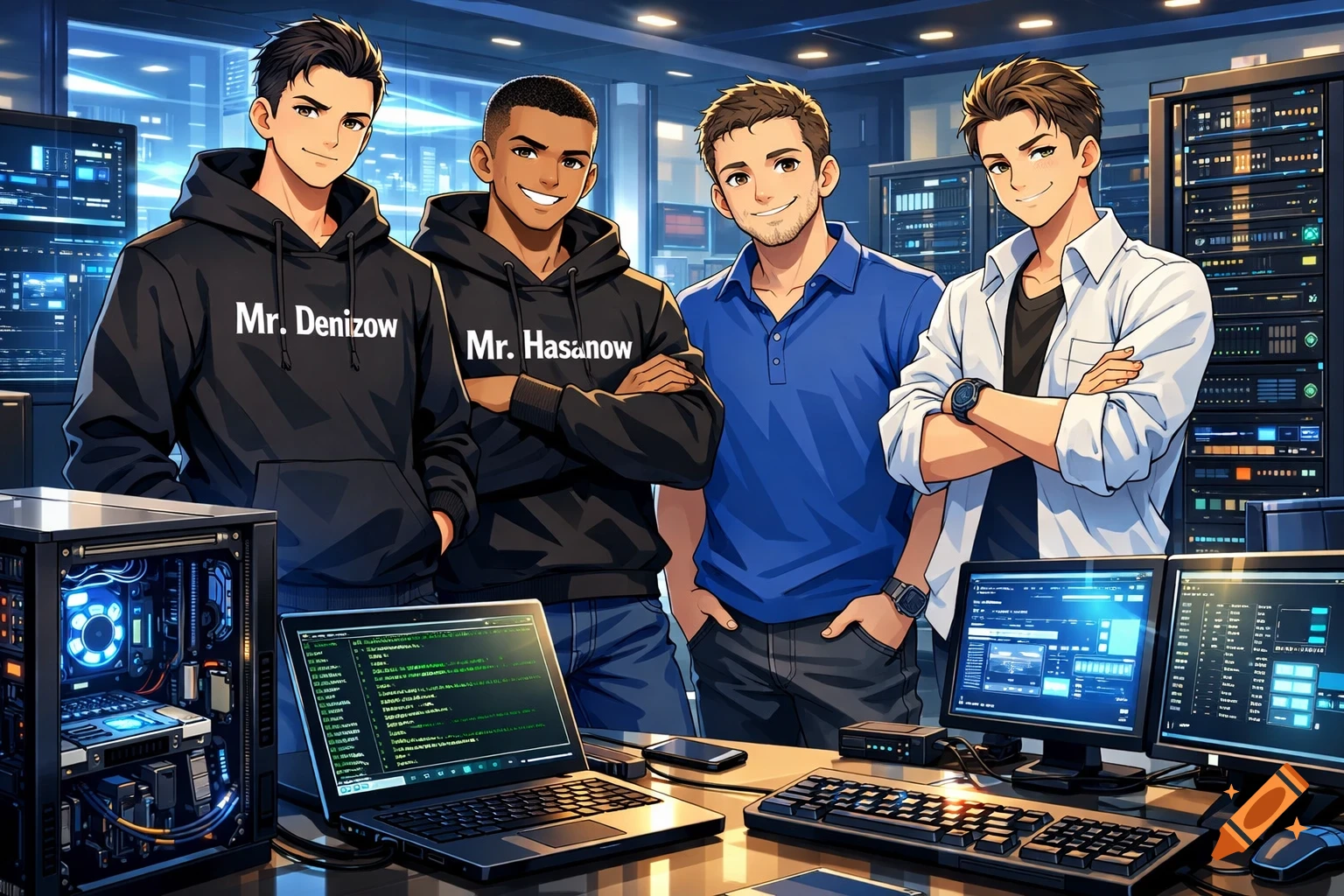 Four anime-style men, two in hoodies with names, stand smiling in a ...