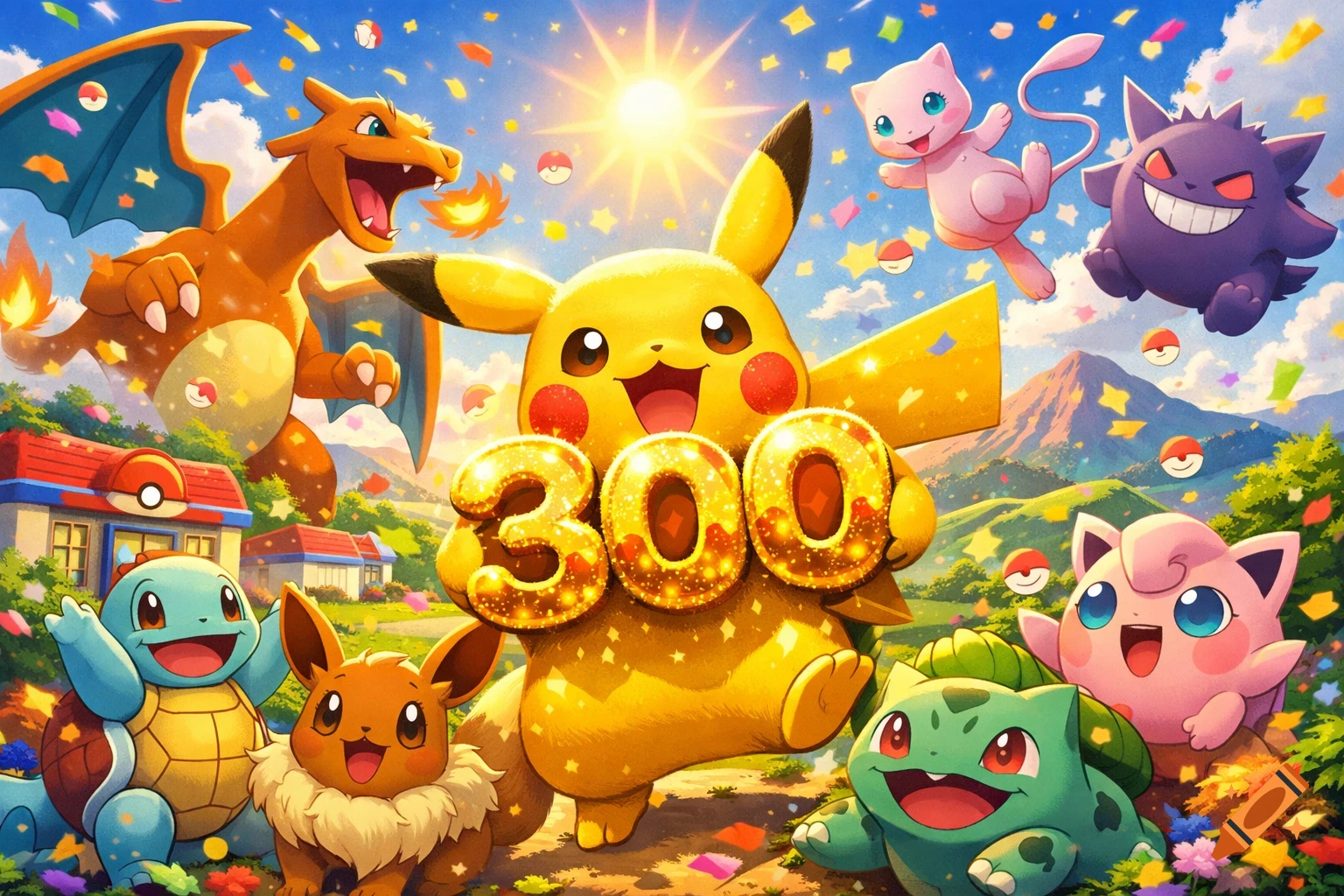 Pikachu holds up shiny golden '300' numbers, surrounded by other ...