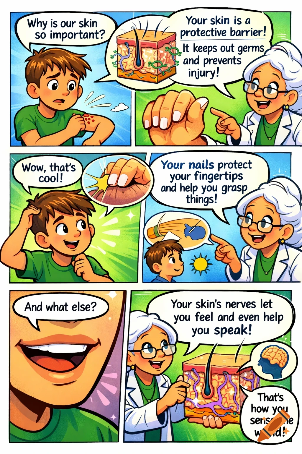 A colorful cartoon comic strip shows a boy learning about human skin ...