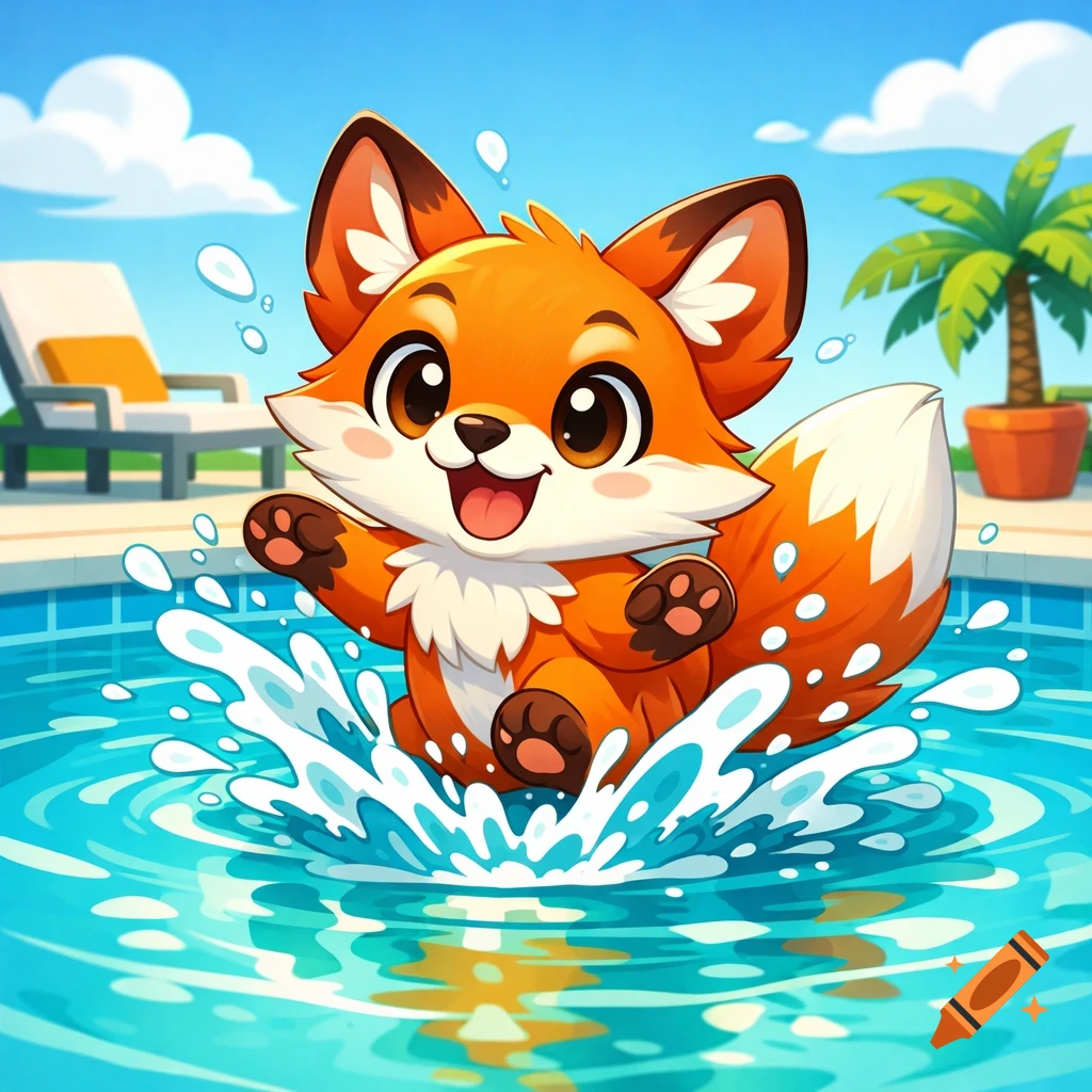 Cute cartoon fox splashing happily in a bright blue swimming pool, with ...