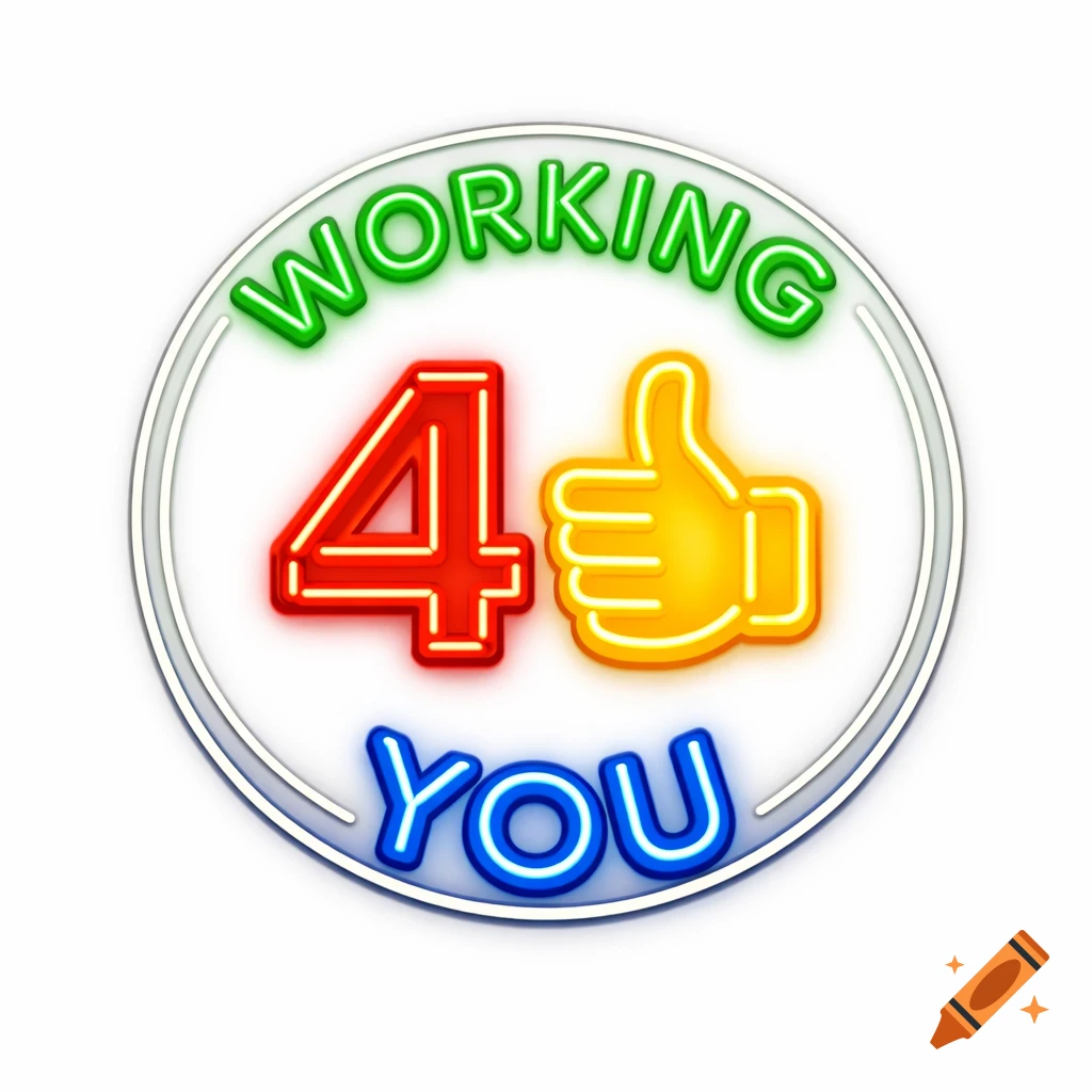 A round neon logo with green 'WORKING', red '4', yellow thumbs-up, and ...