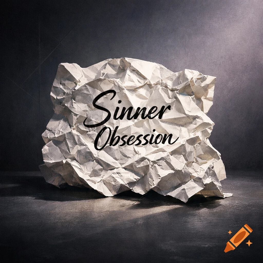 Crumpled white paper with the black text 'Sinner Obsession' on a dark ...