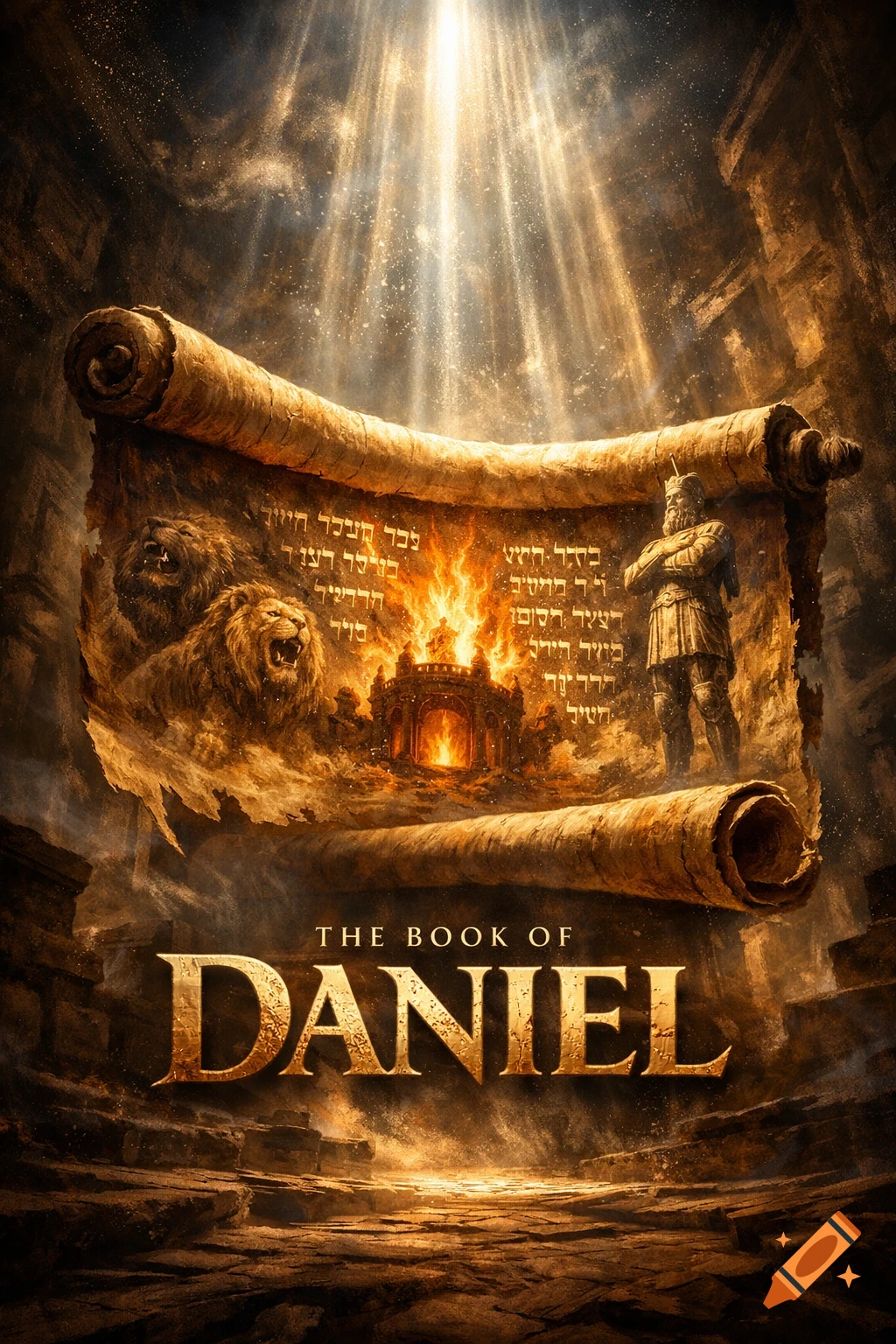 An epic, golden-toned illustration of an ancient scroll under divine ...