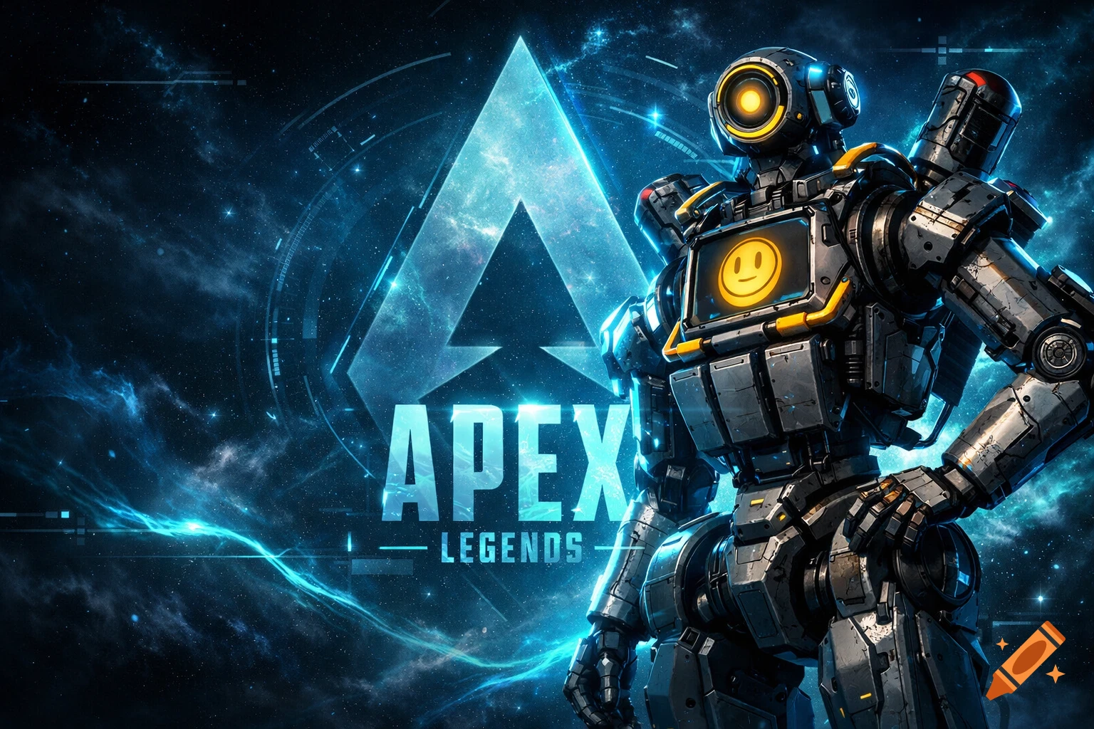 A detailed Apex Legends Pathfinder robot in a heroic pose, against a ...