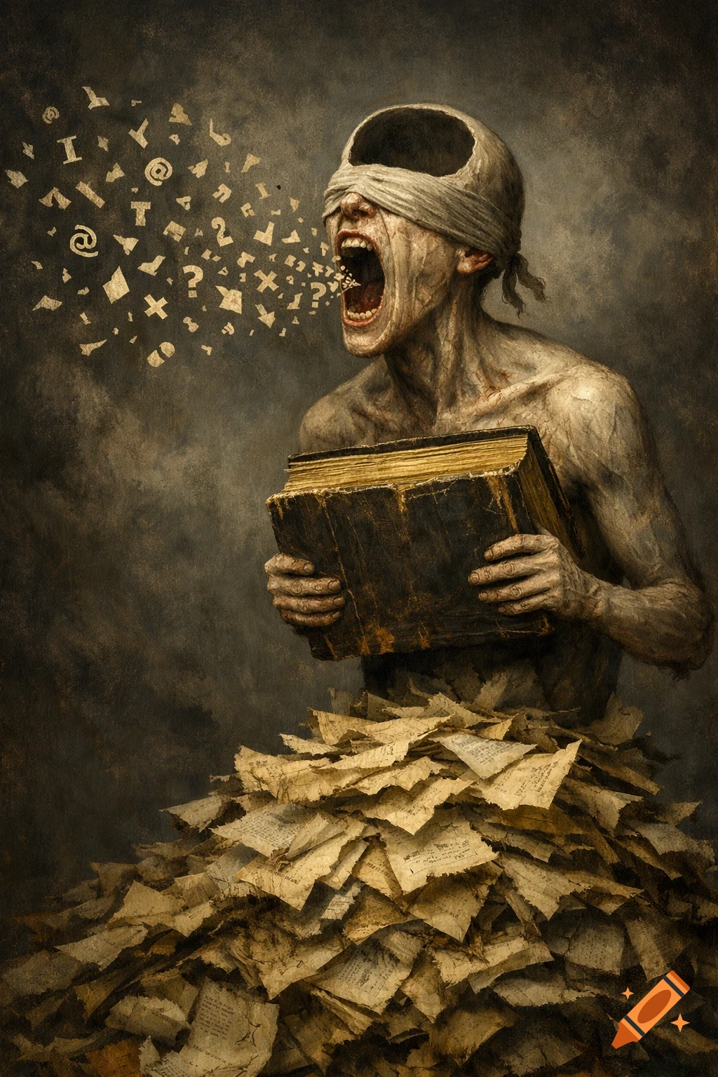 A gaunt, blindfolded figure with a hollow head screams, emitting ...