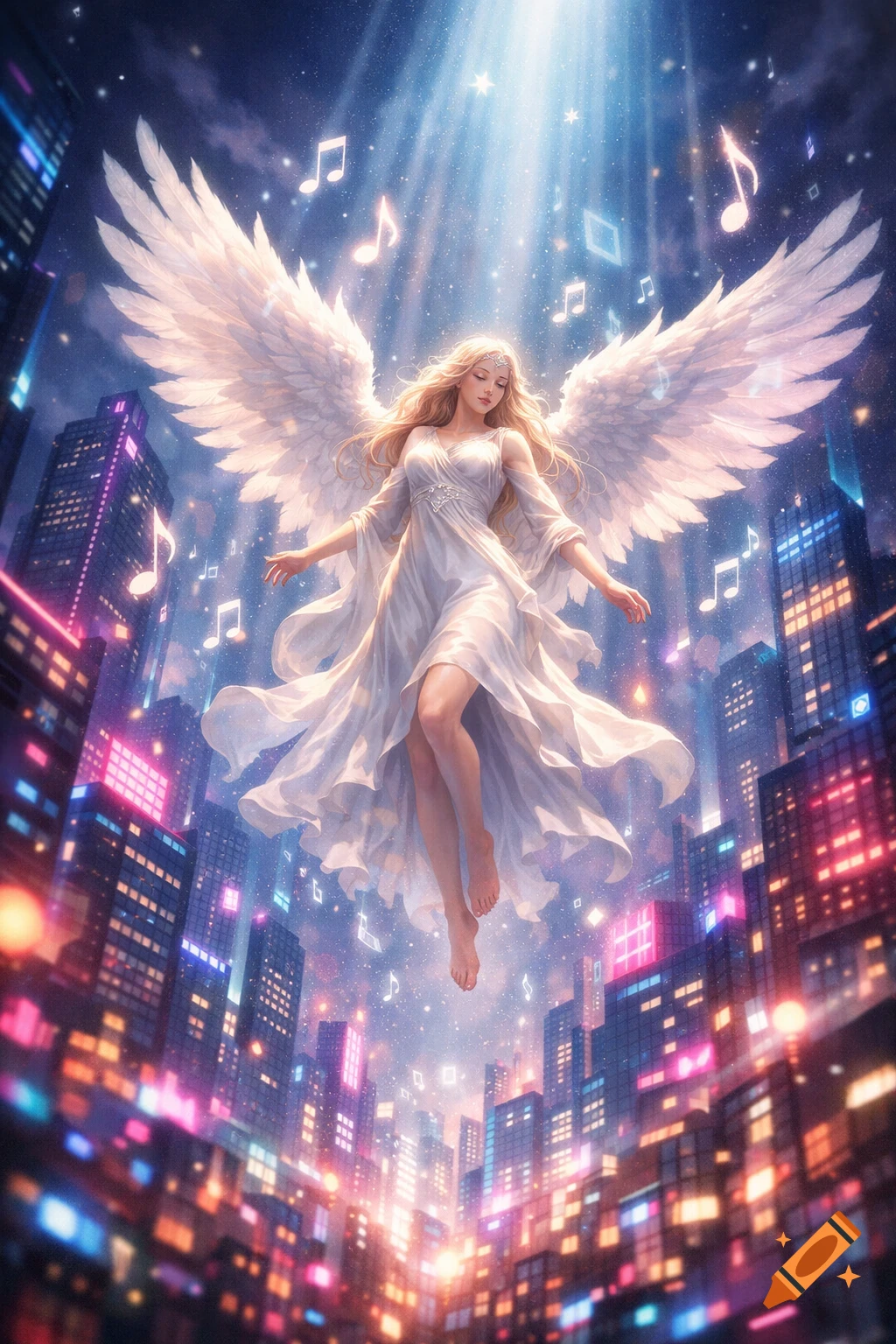 Ethereal blonde angel with white wings floats above a vibrant, glowing ...