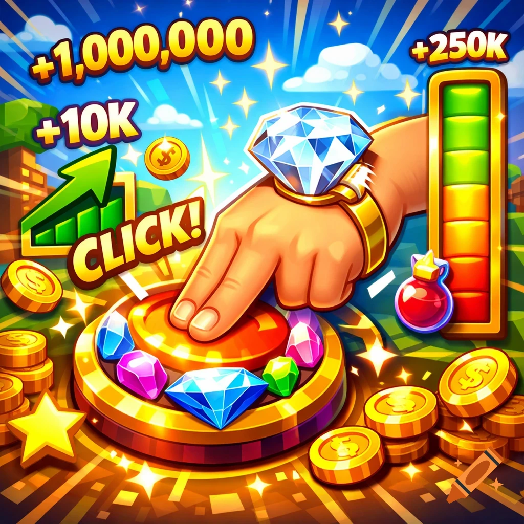 Cartoon game thumbnail: Hand pressing a button with gems, coins, and ...
