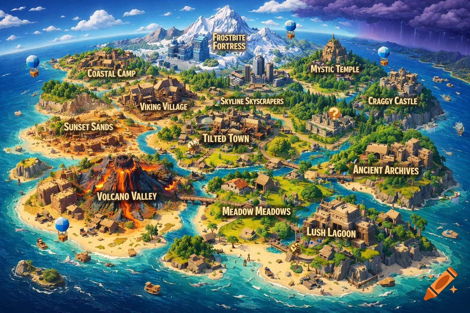 An isometric fantasy-style game map depicting diverse biomes and named ...