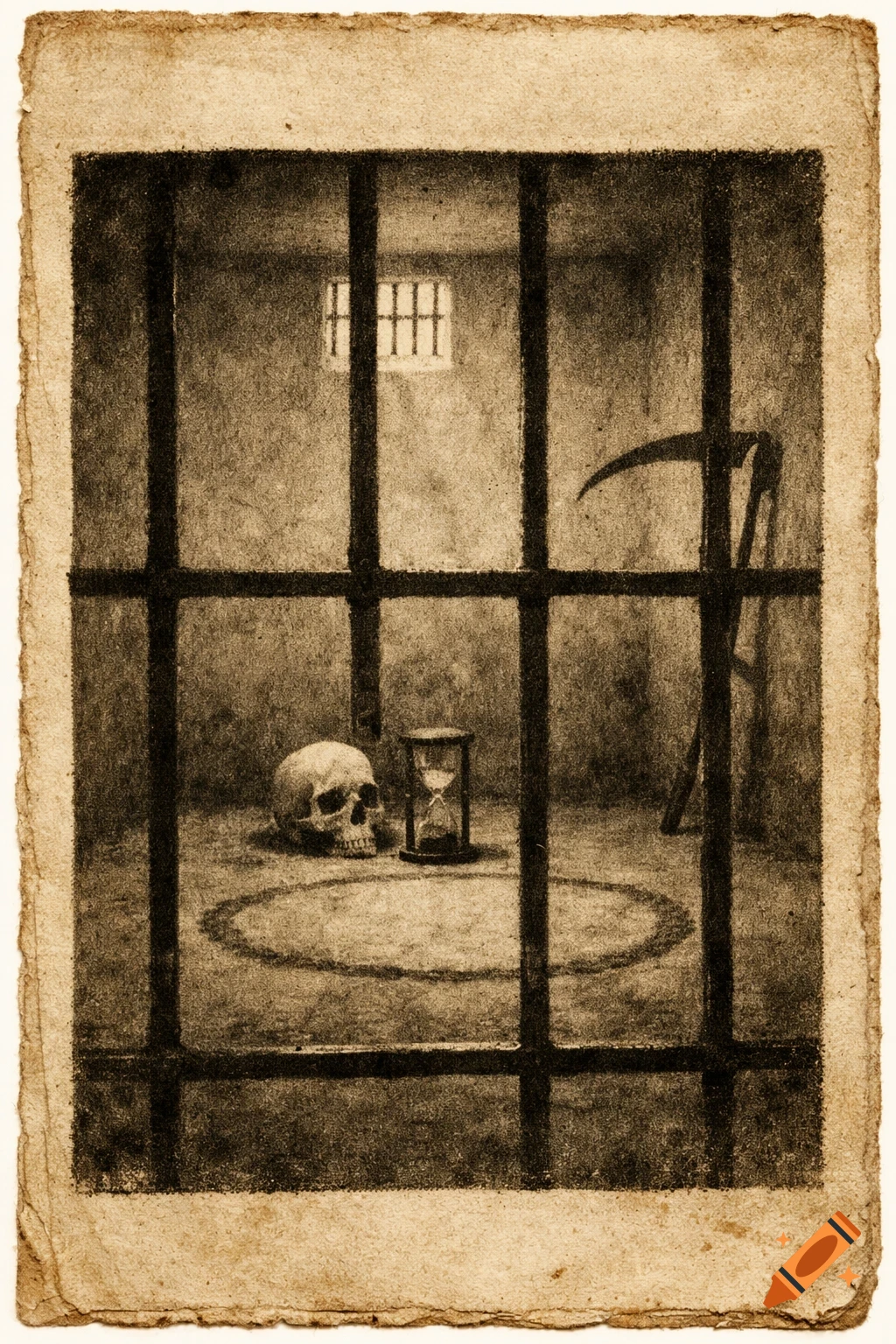 Sepia illustration of a skull, hourglass, and scythe behind prison bars ...