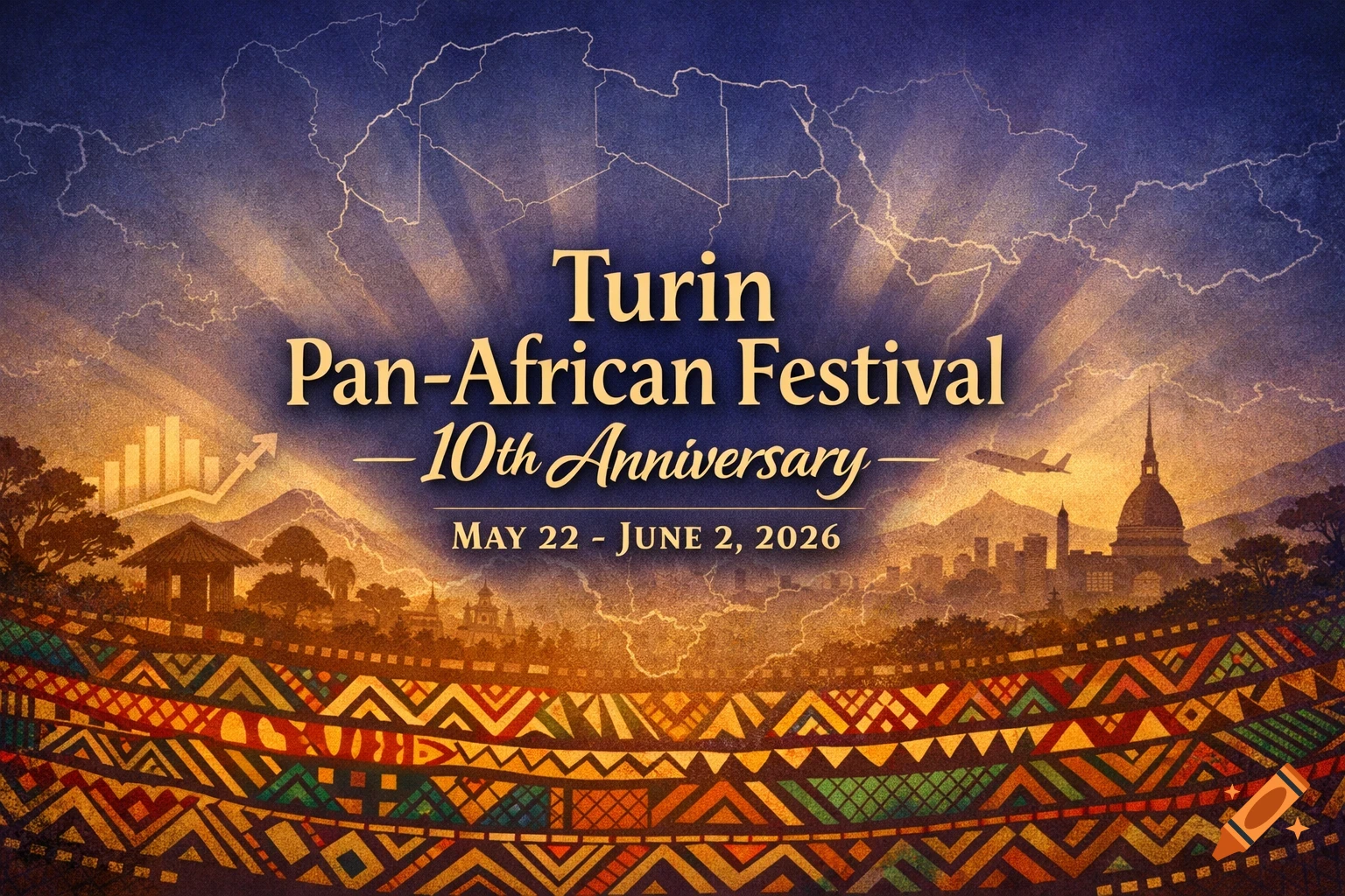 Turin Pan-African Festival 10th Anniversary poster with a map of Africa ...