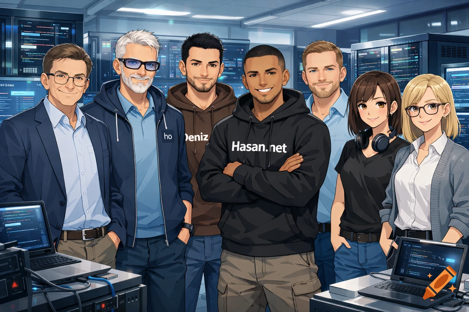 Seven anime-style IT professionals, including men and women, smiling in ...