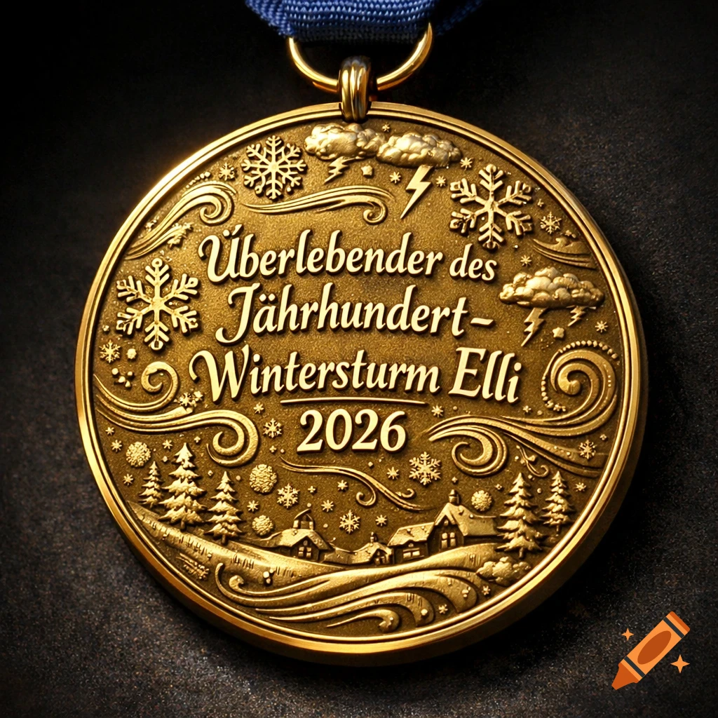 A detailed golden medal with winter storm engravings and text, hanging ...