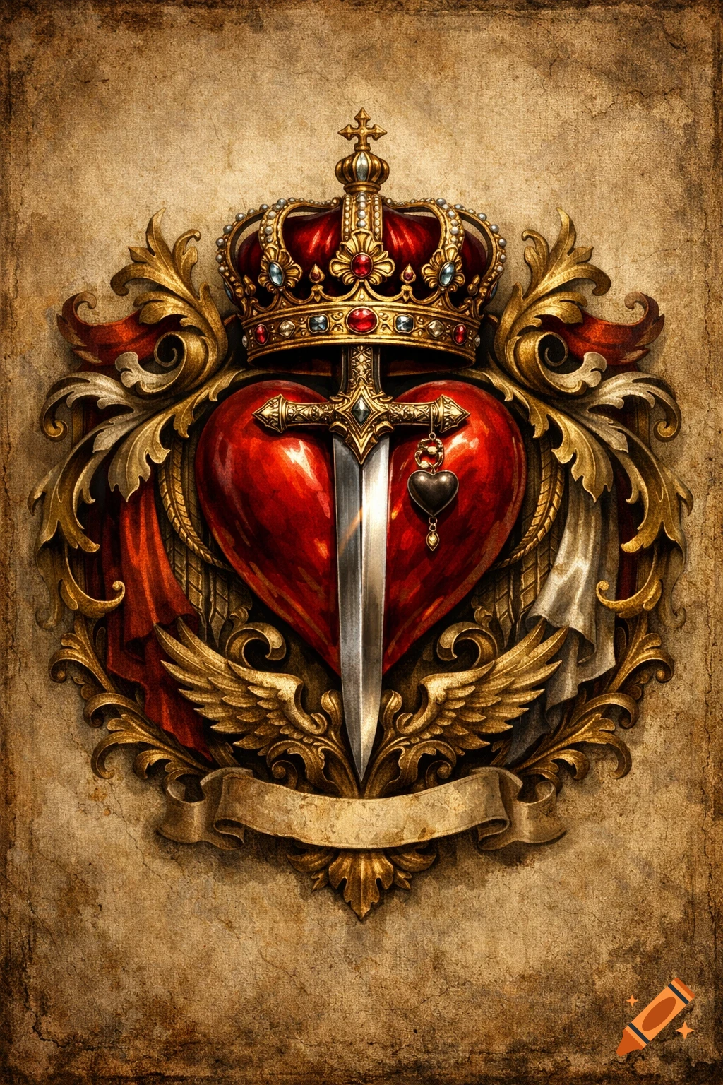 An ornate heraldic crest features a red heart impaled by a silver sword ...
