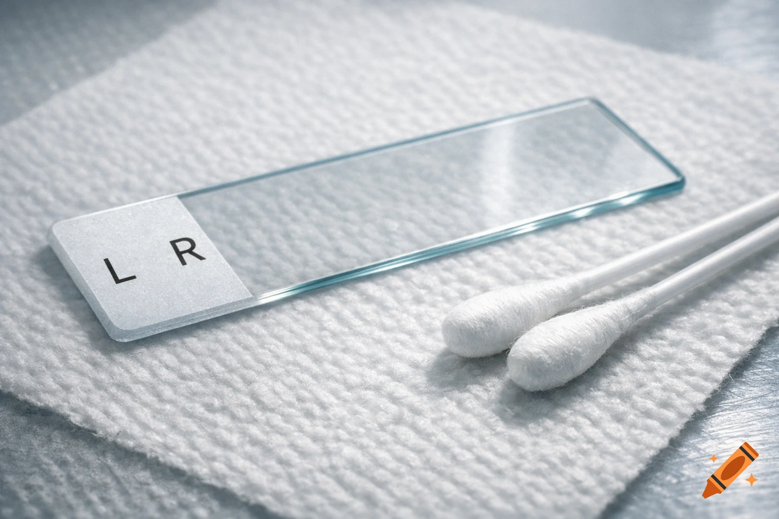 A clear glass microscope slide marked 'L R' and two cotton swabs on a ...