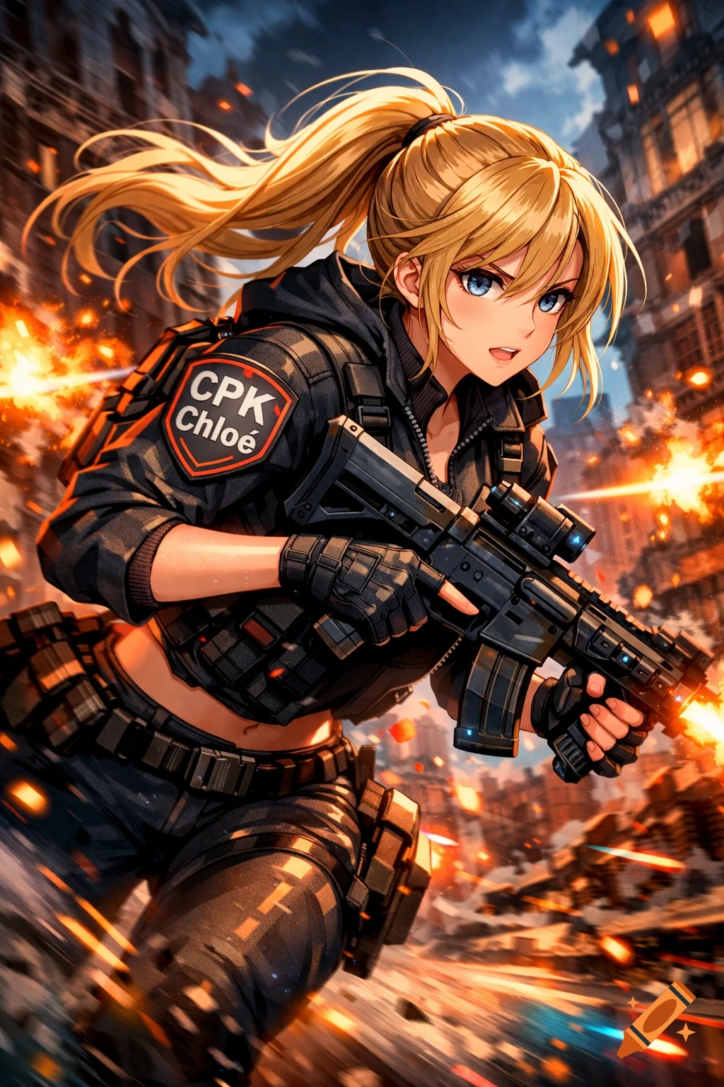 Blonde anime female soldier with a ponytail running with a rifle ...