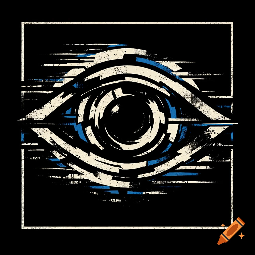 Abstract eye logo with black, white, and blue distorted shapes and ...