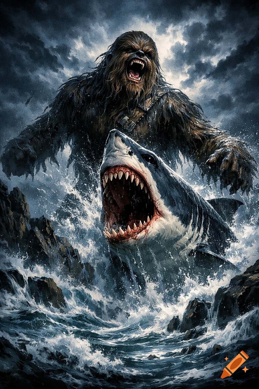 A dramatic illustration of a roaring Chewbacca above a great white ...